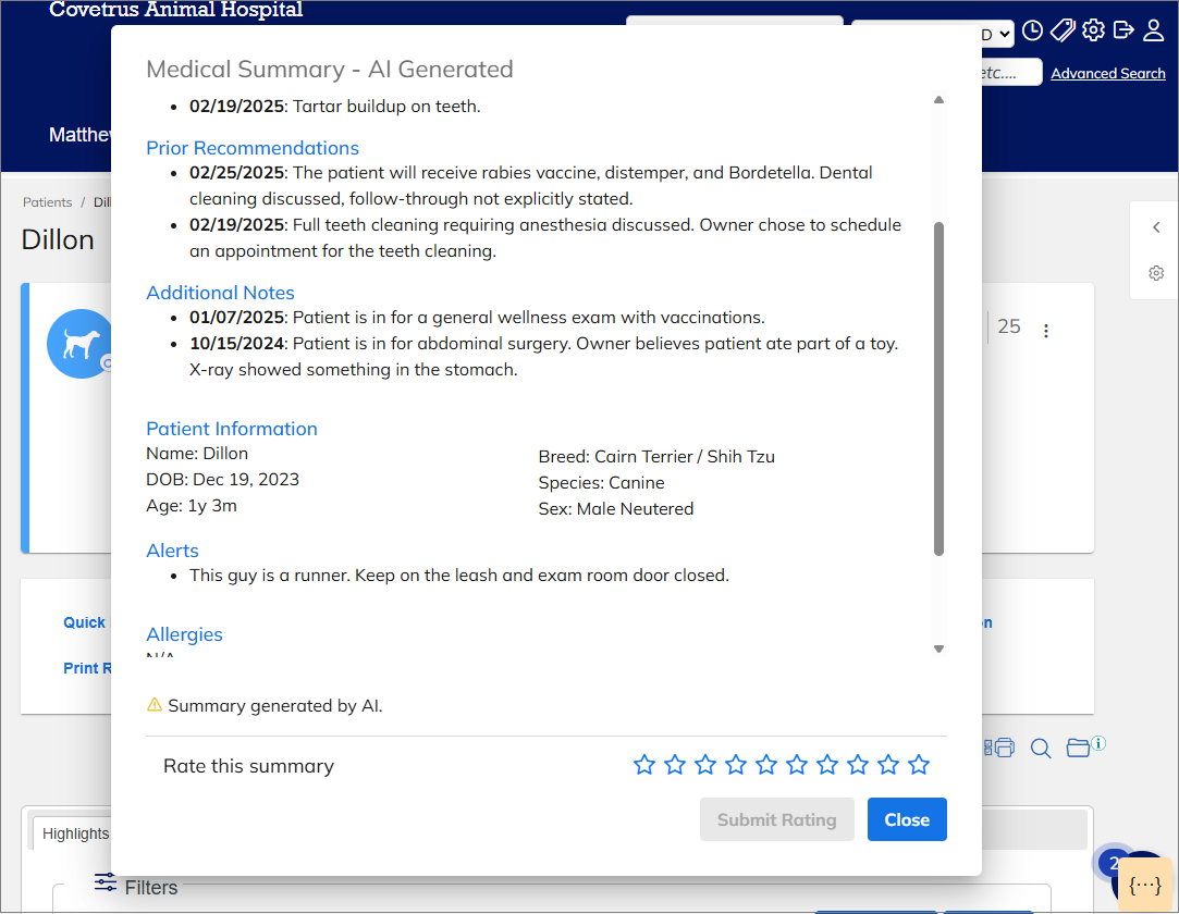 Covetrus AI Pre-Visit Summary