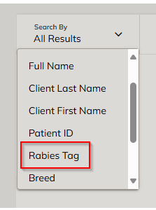 How can I search for an active, expired, or unpaid Rabies Tag?
